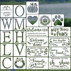 22 Pieces Large Letter Welcome Stencils for Painting on Wood, Reusable Farmhouse Stencil Plastic Wood Burning Stencil Word Painting Stencil Craft Template for Wood Porch Sign Wall Home Decor