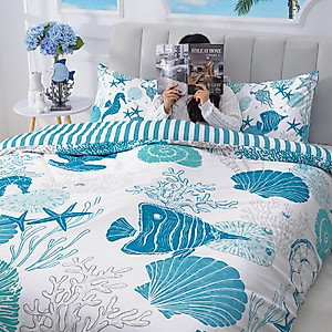 ASPMIZ 3 Piece Ocean Duvet Cover Queen Size Set, Double Side Reversible Soft Sea Coastal Queen Duvet Cover with Zipper Closure, Blue Comforter Cover Set, 1 Duvet Cover 90 x 90 inches & 2 Pillow Shams