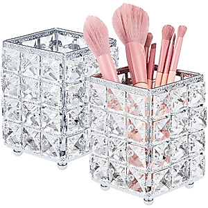 2 Packs Crystal Makeup Brush Holder Organizer Cosmetics Brushes Storage Cup Handcrafted Pen Pencil Holder Container, Square (Silver)