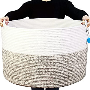 Casaphoria XXXLarge Cotton Rope Basket for Living Room - Woven Storage Basket with Handle for Blankets, Towels and Pillows Laundry Hamper | White and Brown (22" x 22" x 14")