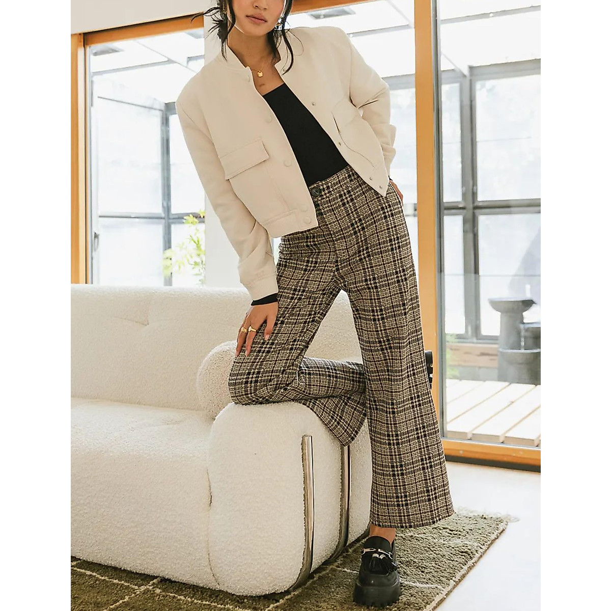 Springrain Womens Cropped Bomber Jacket Casual Varsity Jacket with Pockets Long Sleeve Outwear(Beige-S)