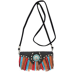 Western Style Fringe Conchos Gem Rhinestone Studded Braided Leather Purse Country Handbag Women Shoulder Bag Wallet Set (Red Set)