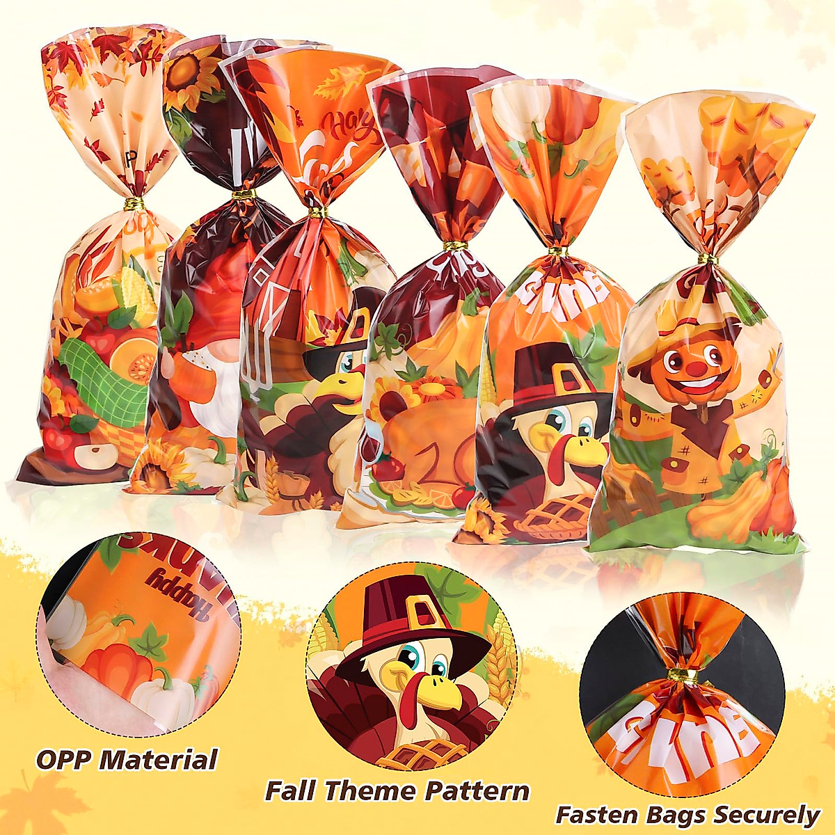 DERAYEE Thanksgiving Treat Bags, 180 Pcs Fall Cellophane Candy Bags Maple Leaves Turkey Pumpkin Goodie Gift Bags for Thanksgiving Party Supplies
