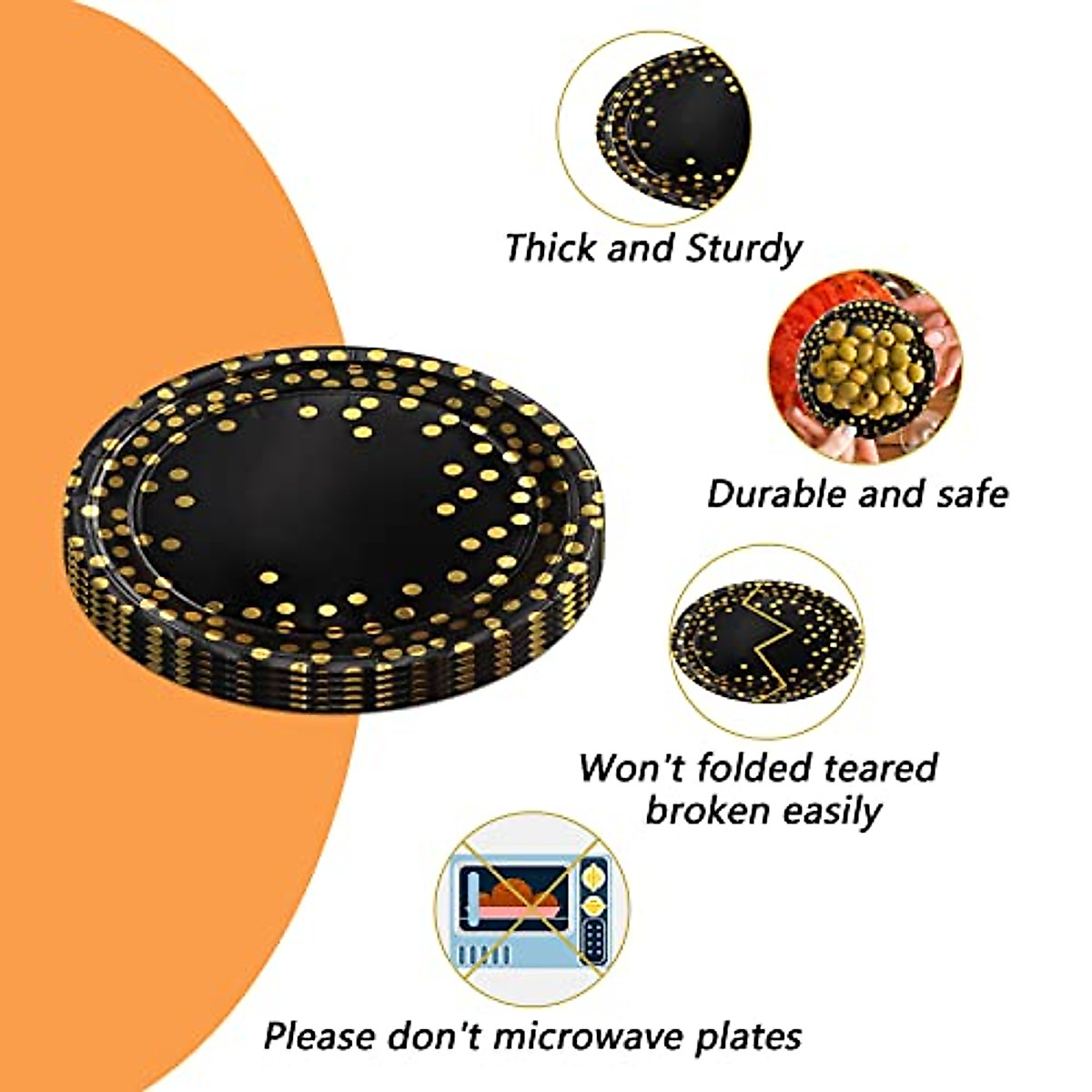 Birthdayparties Black and Gold Paper Plates 7 inch, Foil Polka Dots Disposable Paper Plates Golden Dots Party Supplies Plates 50 Pack