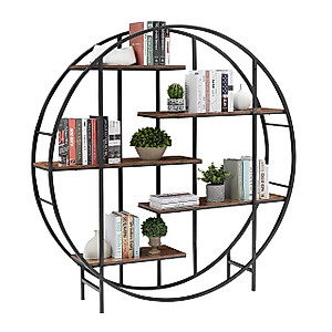 Ufurpie Bookshelf, 5 Tier Round Mid Century Modern Metal Plant Stand Bookshelves Storage Rack, Indoor Living Room Terrace Garden Balcony Plant Display Stand, Bookcase Organizer