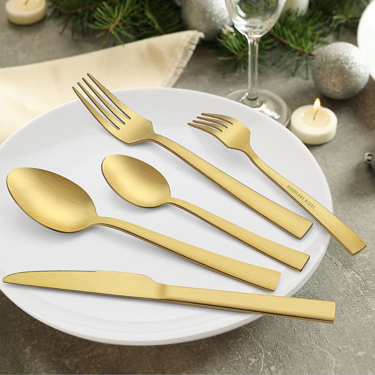40-Piece Matte Gold Silverware Set, E-far Stainless Steel Flatware Set Service for 8, Metal Cutlery Eating Utensils Tableware Includes Forks/Spoons/Knives, Square Edge