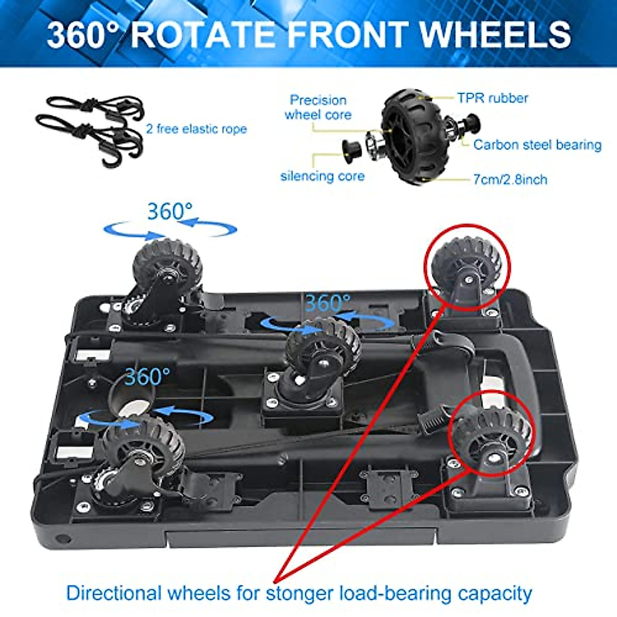 Folding Hand Truck, 330 Lbs Foldable Hand Truck Dolly Cart Heavy Duty Collapsible Trolley Portable Platform Luggage Cart with 5 Wheels & 2 Elastic Ropes for Moving, Shopping, Travel, Home, Office Use