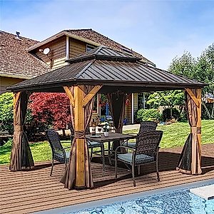 Evedy Hardtop Gazebo12x12ft,Outdoor Permanent Metal Pavilion with Galvanized Steel Double Roof,Outdoor Cedar Wood Frame Canopy with Curtains and Netting for Patio,Backyard and Lawn(Brown)