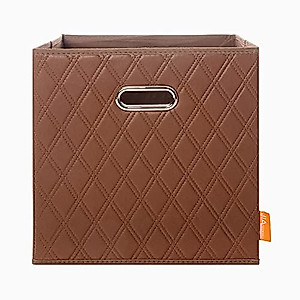 JIAessentials Large 13-inch Brown Foldable Diamond Patterned Faux Leather Storage Cube Bins Set of Four with Handles with Dual Handles for living room, bedroom and office storage
