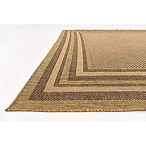Unique Loom Outdoor Border Collection Area Rug - Multi Border (9' x 12' Rectangle, Light Brown/ Brown)