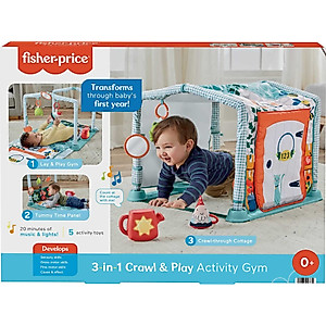 Fisher-Price Baby Playmat 3-in-1 Crawl & Play Activity Gym, Cottage Theme with Tunnel & Developmental Toys for Newborns 0+ Months