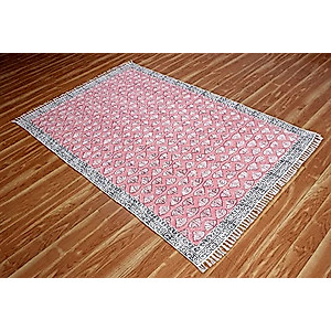 Casavani Indian Handmade Cotton Dhurrie Bordered Pink & Beige Area Rug Boho Kilim Flat Weave Rug Indoor Hall Room Decor Carpet Throw Rugs for Bedroom Living Room Bathroom Balcony 3x10 Feet Runner