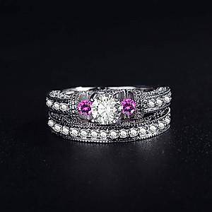 YAZILIND Women Platinum Plated Princess Cut Pink Cubic Zirconia Wedding Engagement Ring Set Size 8