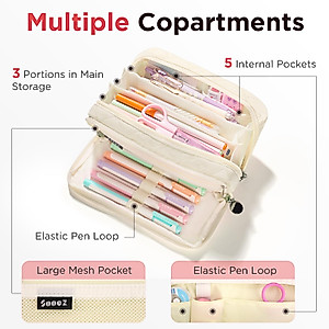 Sooez Large Pencil Case Pouch,Extra Big Pencil Bag with 8 Compartments,Pen Bag Wide Opening,Soft Quilted Pencil Pouch Organizer with Zipper,Portable Pencil Case for Teen Girls,Beige