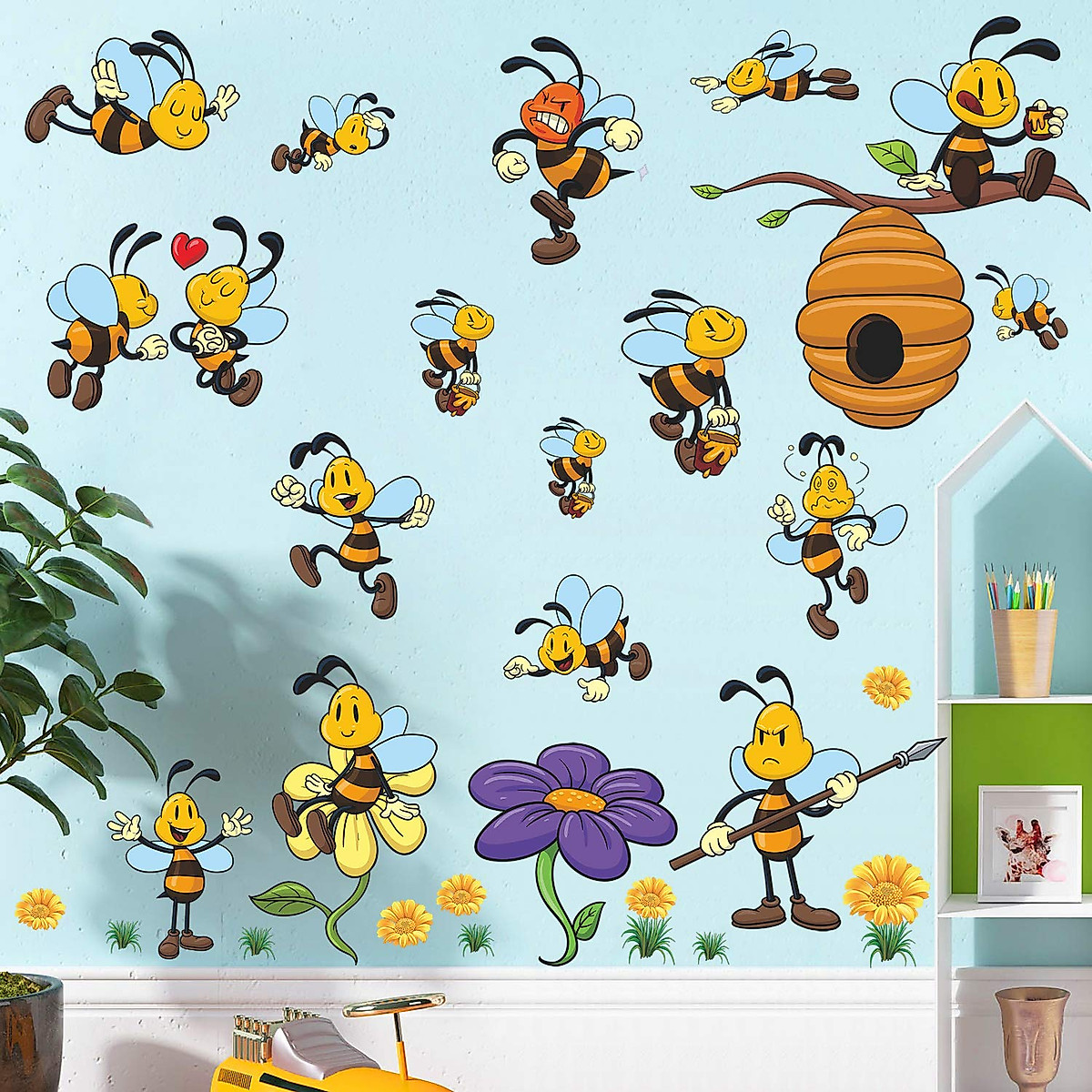 Amaonm Ceative Smile Sun with Bee Honeyco Tree Wall Decals Removable DIY Home Wall Art Decor PVC Peel and Stick Wall Stickers Murals for Kids Bedroom Playroom Girls Boys Nursery Rooms Living Room