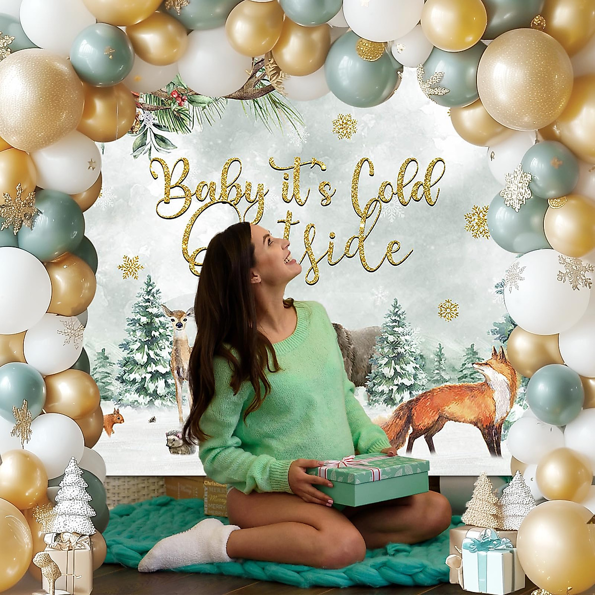 Avezano Baby It's Cold Outside Baby Shower Backdrop Gender Neutral Forest Woodland Winter Baby Shower Background Baby It's Cold Outside Party Decoration Photoshoot (7x5ft)