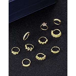 Tornito 10Pcs Nose Ring Hoop Paved Flower Leaf Feather CZ Cartilage Earrings Nose Piercing Jewelry for Women Men Gold Tone 20G