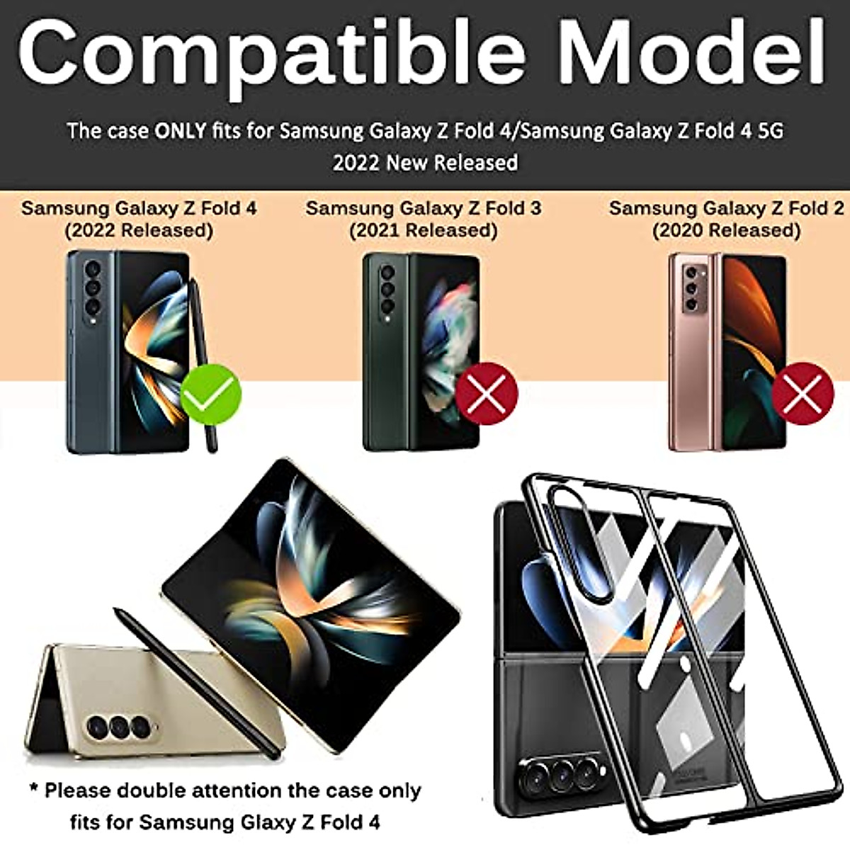 Miimall Compatible for Samsung Galaxy Z Fold 4 Case with Built-in Screen Protector, Hard PC Slim Thin Shockproof Heat Dissipation Shell Anti-Scratch Case Protector Bumper for Z Fold 4 5G 2022(Black)