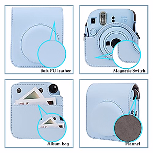 Solid color instant camera case compatible with Fujifilm Instax Mini 12 instant camera -mini 12 camera case PU leather bag with pocket and adjustable shoulder strap and 64 Pocket Album (Sky Blue)