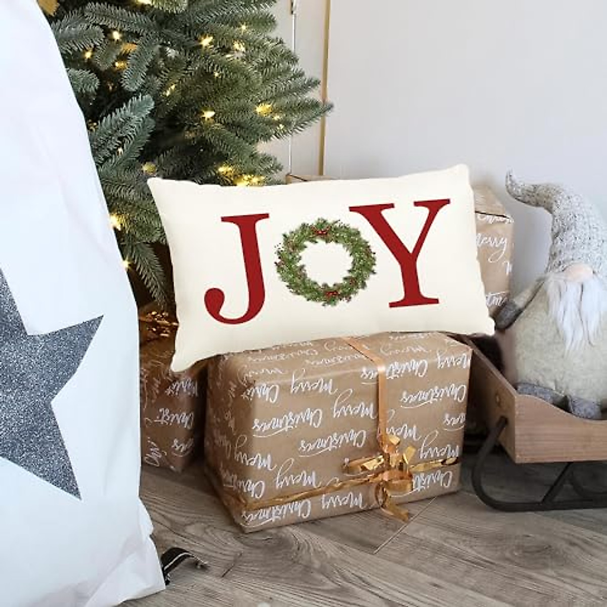 ADFLOOD Christmas Pillow Covers 12X20 Joy Christmas Garland Decorative Throw Pillows Decoration Holiday Party Red Cushion Case for Home Couch Sofa