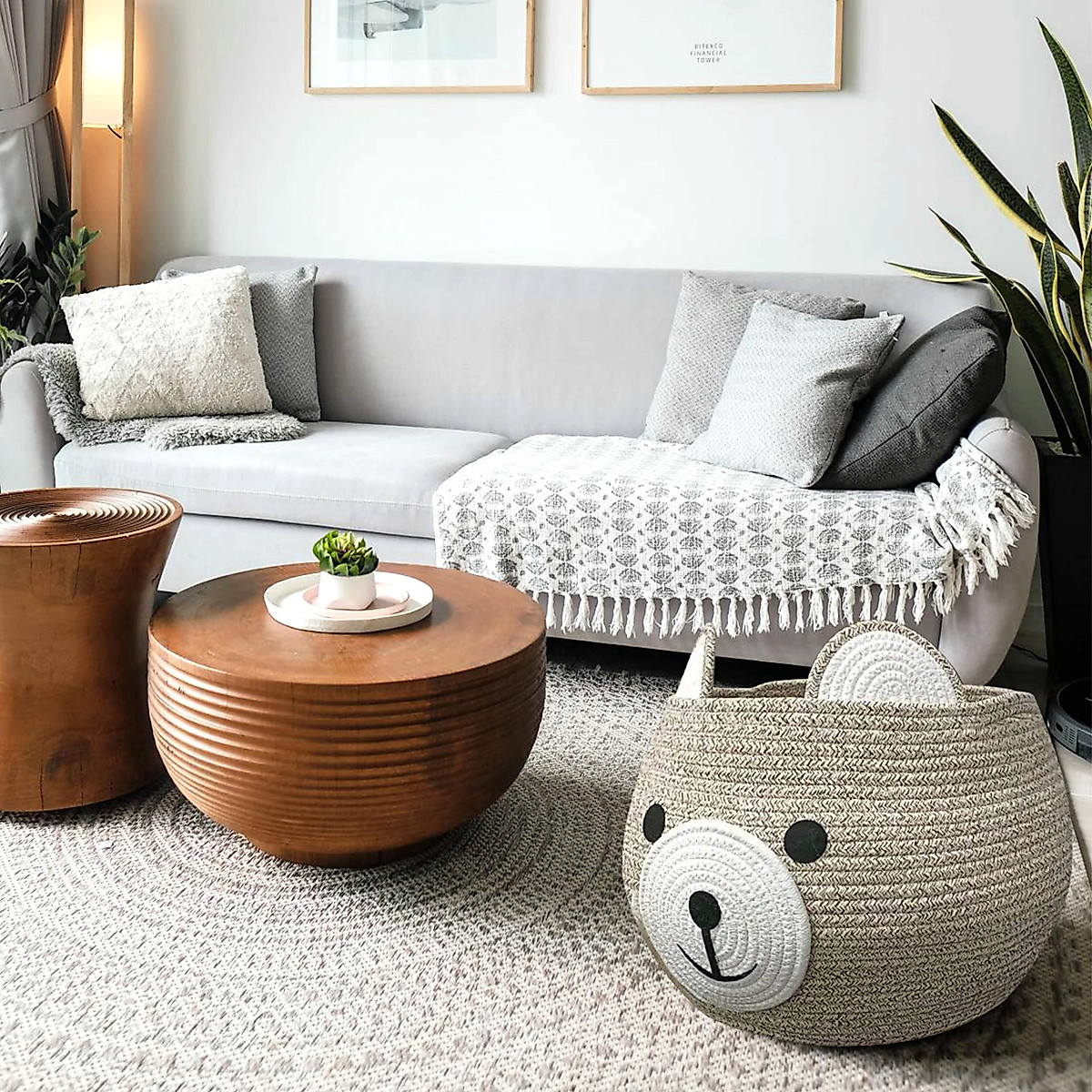 W Design Round Bear Toy Basket - Rope basket– Cute baby Laundry Basket Organizer for Toys, Blankets, Towels, Laundry, Baby Shower -19" W X 13" H SIZE XL Gift Baskets Empty -Mix brown Handmade