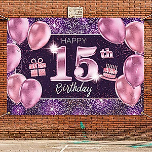 PAKBOOM Happy 15th Birthday Banner Backdrop - 15 Birthday Party Decorations Supplies for Girl - Pink Purple Gold 4 x 6ft
