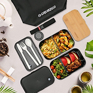 GRUB2GO Premium Bento Lunch Box (Large 68 Oz Capacity) | 2023 Exclusive, 70% Bigger | Includes Bamboo Chopping Board Lid, Carry Bag, 2 Dividers, Utensils, Sauce Container