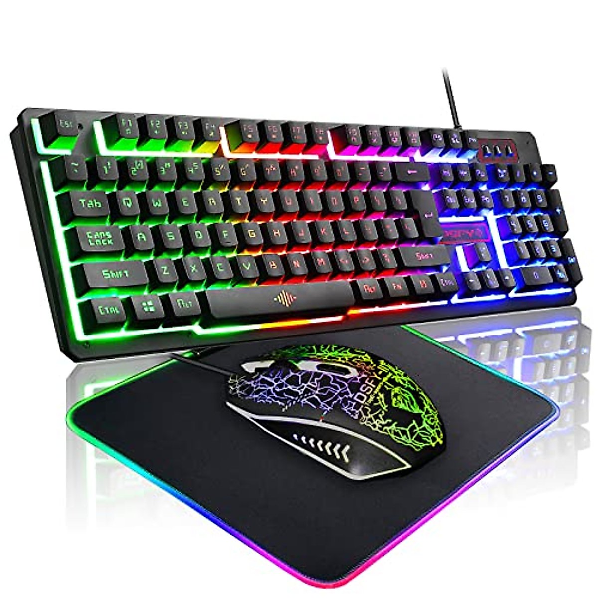 FELICON Wired Gaming Keyboard and Mouse Combo & 10 RGB Mouse Pad Set Waterproof 104 Keys Rainbow Backlight Mechanical Feel Keyboard and Crack Glowing Mouse for Laptop PC Computer Gaming and Work