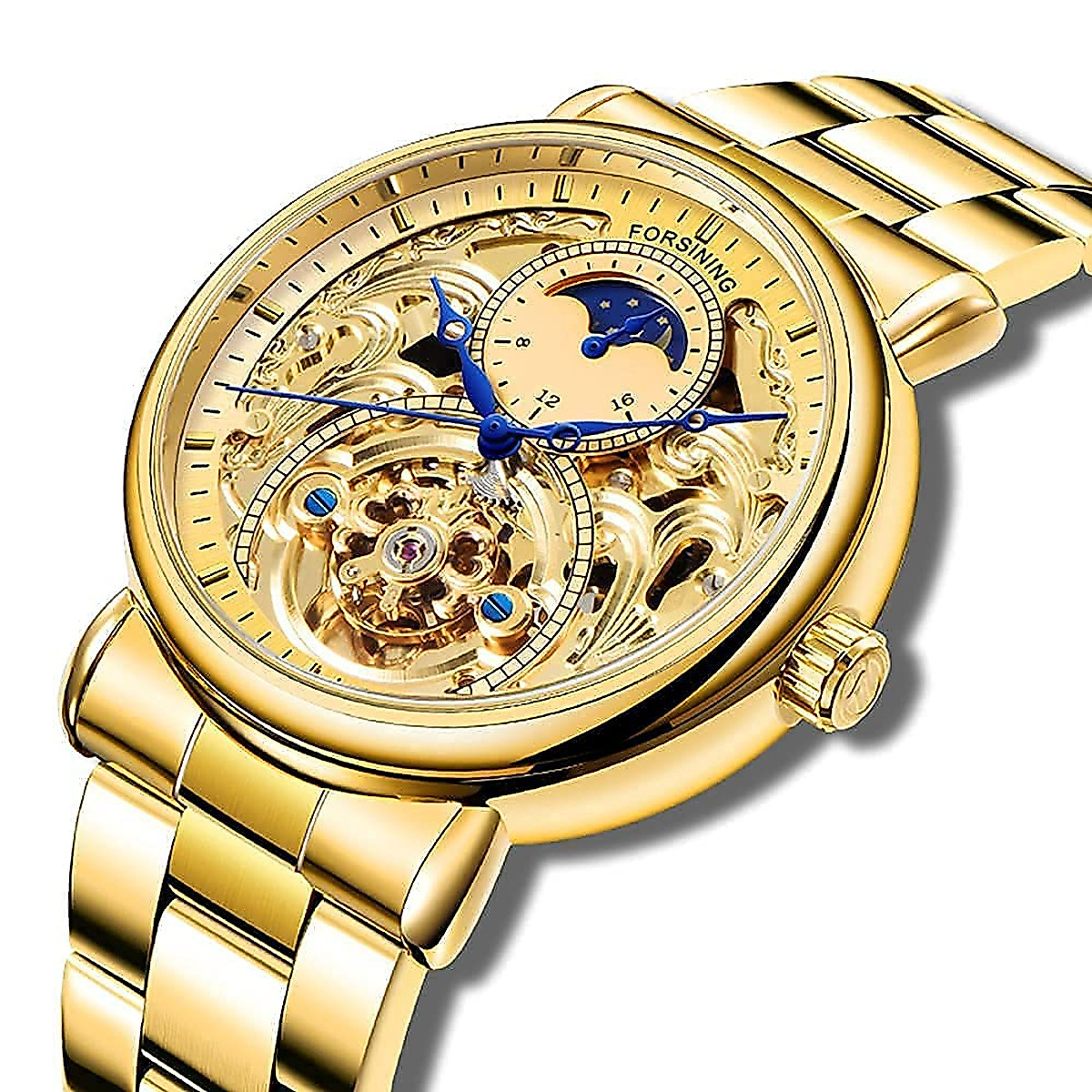 Tiong Mens Skeleton Automatic Mechanical Watch Golden Vintage Moon Phase Steel Male Wristwatch