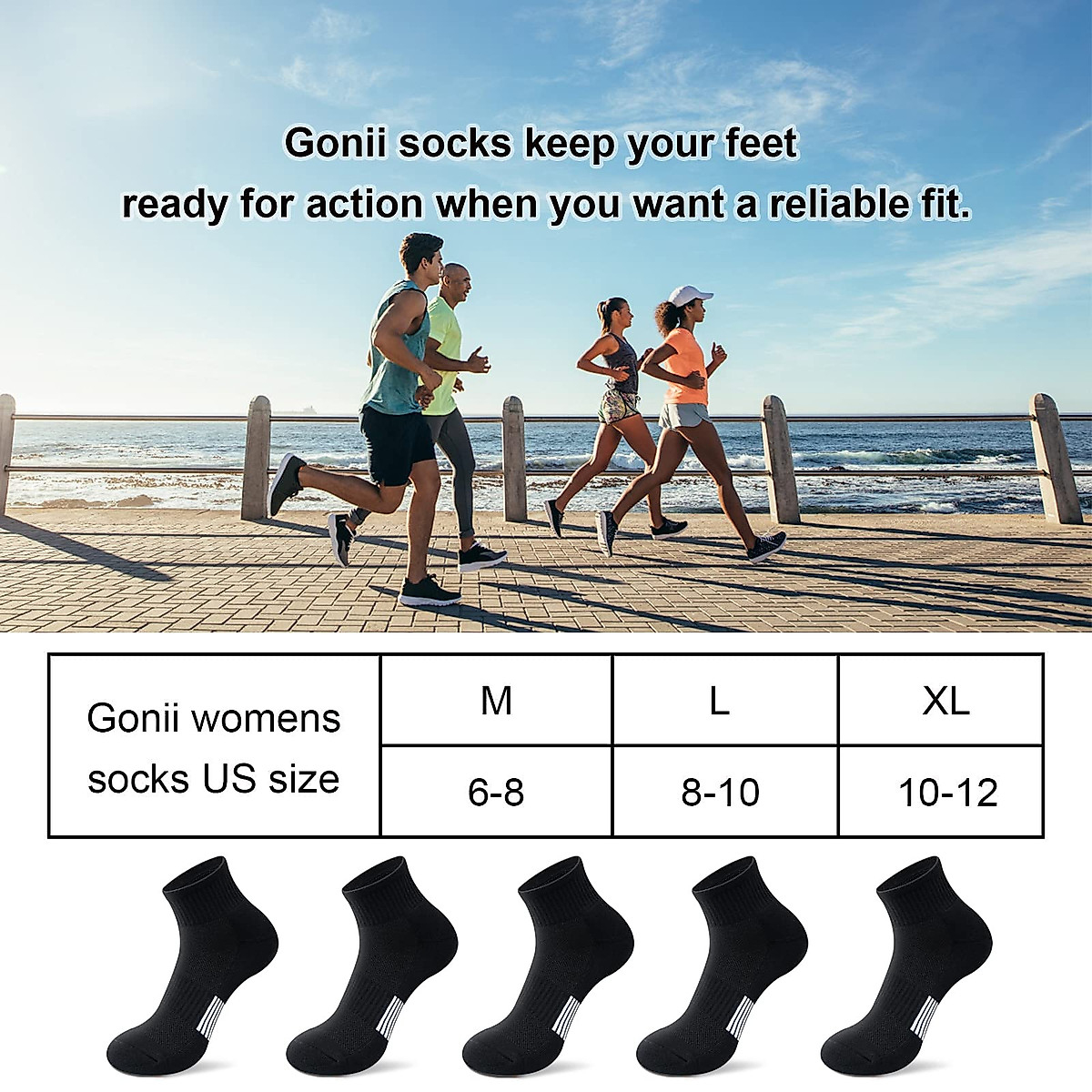 Gonii Ankle Socks Womens Athletic Thick Cushioned Running Hiking Crew Socks 5-Pairs (Black)