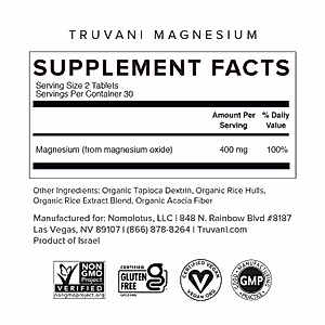 Truvani Magnesium 400mg Oxide Tablets | 60 Tablets | Supports Calm and Sleep, Healthy Bones, Muscle Health, Digestive Health | Non-GMO, Vegan Pills
