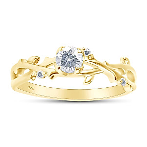 SAVEARTH DIAMONDS Twisted Leaf Design, 1/2 Carat Center Round Cut Moissanite Lab Created Diamond Solitaire Engagement Promise Ring In 14k Yellow Gold Over Sterling Silver (0.55 Cttw) Size-8