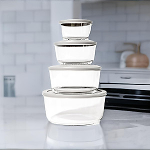 DURA LIVING 8-Piece Glass Food Storage Containers Set (4 Containers + 4 Lids) | Round, Nesting, Microwave & Dishwasher Safe | BPA-Free, Space-Saving | Grey Lids for Pantry & Kitchen Organization
