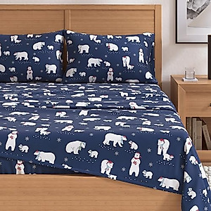 Great Bay Home Flannel Sheet Set Queen Size - 100% Turkish Cotton, Double-Brushed, Winter Bed Sheets - Ultra-Soft, Cozy, 4-Piece Rustic Bedding Set (Navy Polar Bears)