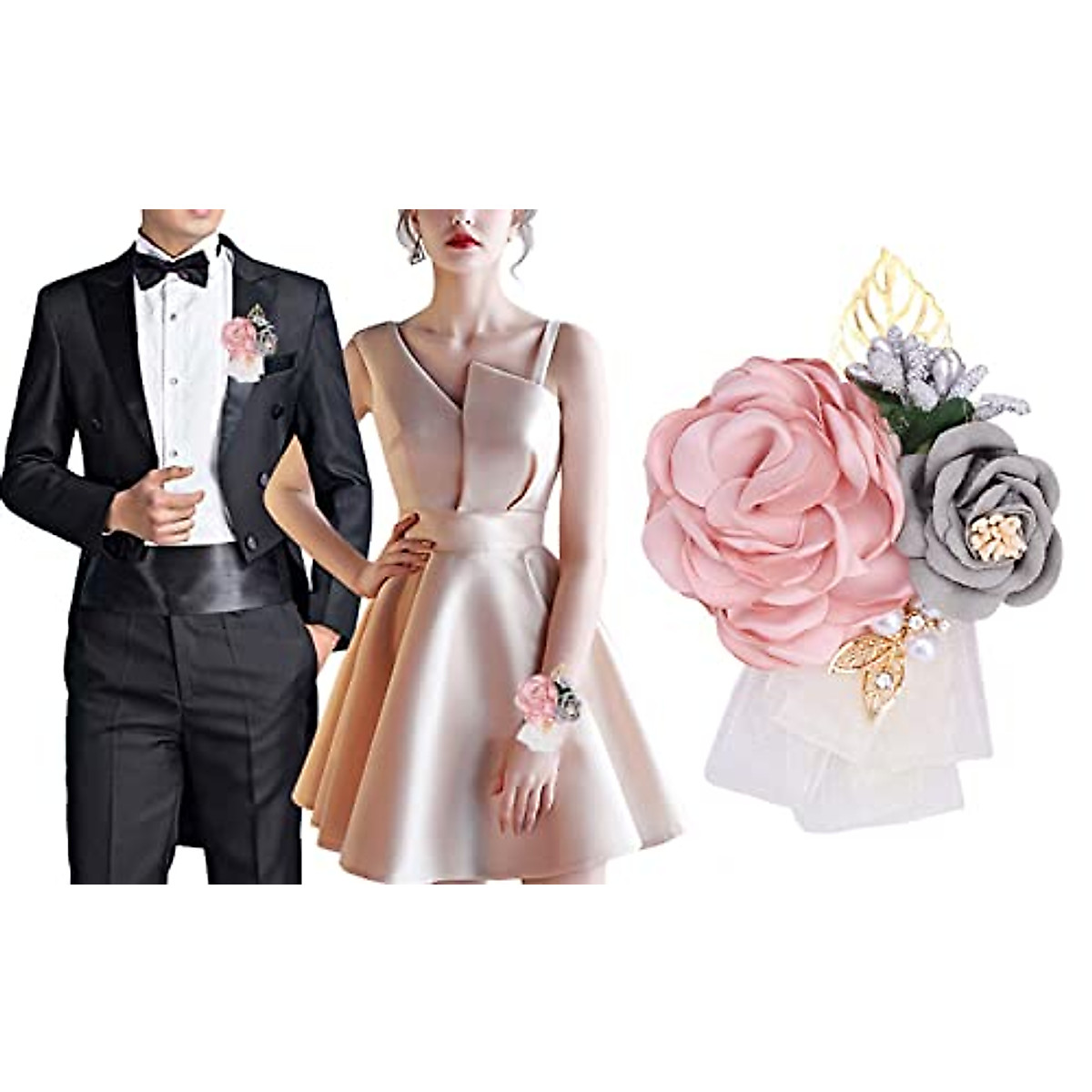 QUUPY Pink Grey Wedding Bride Wrist Corsage Wristlet Band Bridesmaid Wrist Flower Artificial Rose Faux Pearl Bracelet Hand Flower Decor for Prom Party