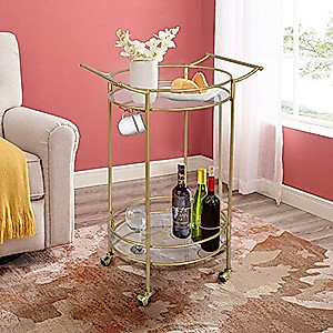 Round Gold Rolling Bar Cart with 2 Mirror Shelves, Wine Rack and Lockable Casters, Suitable for Home Kitchen, Club, Living Room, Thanksgiving, Christmas, New Year, 22"X18"X33"