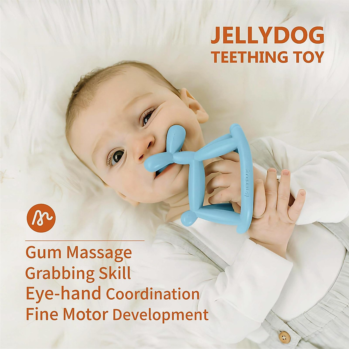 Miraloop Teething Toy for Baby 0-6, 12, 18 Months Infant, Jellydog Never Drop Food Grade Silicone Rocking Teether, Prevent Choking & Odorless, Less Dust and Hair Adhesion, Baby Gift, Milk White
