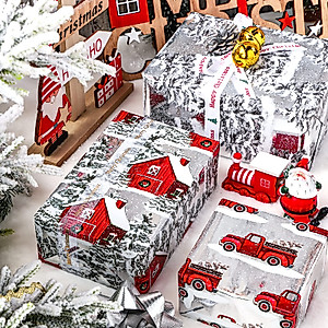 LeZakaa Christmas Wrapping Paper - Silver Metallic Foil with Snowman/Red Truck with Tree/Red House/Tree with Snow Design for Gift Wrap, Craft - 30 x 120 inches - 4 Rolls