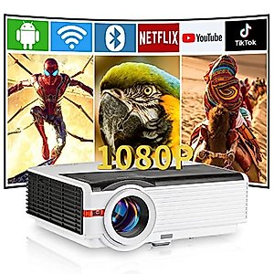 Bluetooth HD 1080P Video Projector 9000Lumen High Brightness Smart Android Home Theater System 200" Display Wireless TV Projectors for Mobile Phones Laptop, USB HDMI VGA 10W Speaker