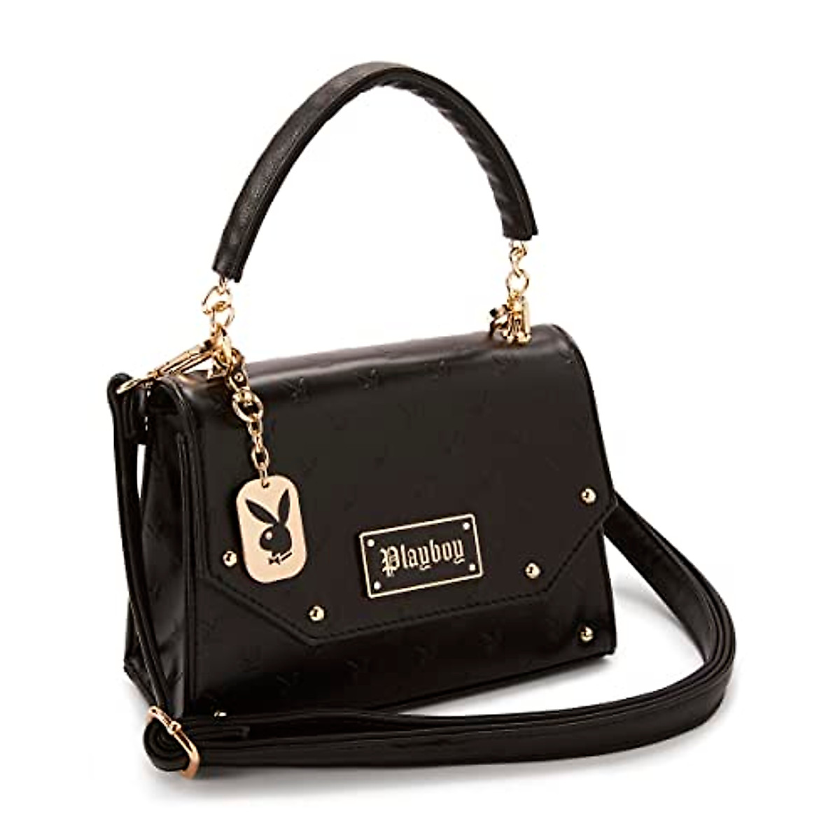 Black Embossed Playboy Bunny Shoulder Bag | Officially licensed | Exclusively at Spencer's | Adjustable straps | Snap closure | Spot clean | Imported