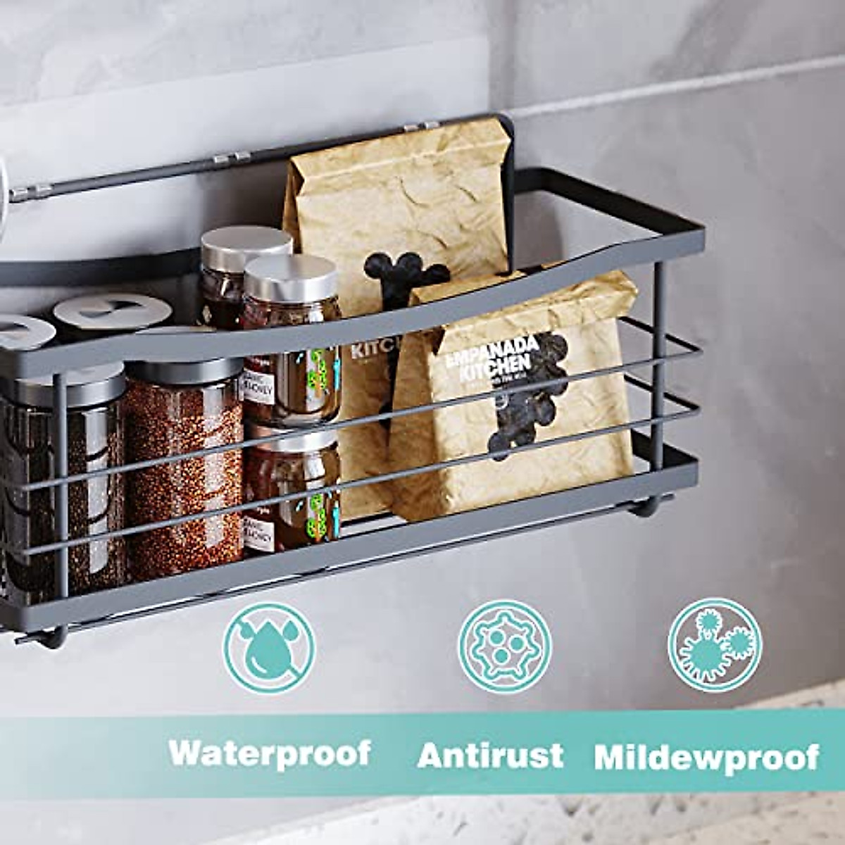 Virgorack Stainless Steel Adhesive Shower Caddy, Bathroom Basket Shelf with Soap and Toothbrush Holder, Wall Mounted No Drilling Storage Organizer Racks with Hooks (Black 4 Pack)