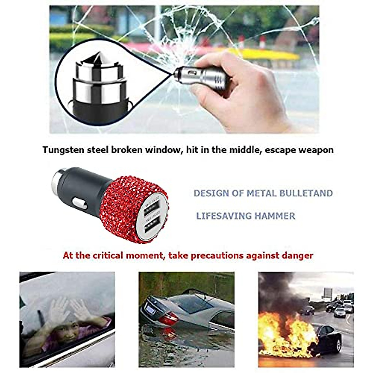 Bling Car Charger Accessories Set,Rhinestone Dual USB Car Chargers + Bling 3 in1 Nylon Braided Charging Cable,Bling Crystal Decoration Car Accessories Kits for Girl and Women (Red)