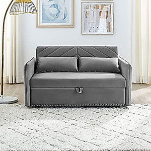 ERYE 3-in-1 Loveseat Futon Sofa Convertible Queen Size Pull Out Sleeper Couch Bed & Reclining Backrest for Living Room Furniture Sets Sofabed, Gray Twin Velvet 2 Pillows Side Pockets USB Port