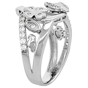 Sterling Silver Micropave CZ Horseshoe Ring for Women with Ladybug Four Leaf Clover Evil Eye Rhodium Finish 1/2 inch size 9
