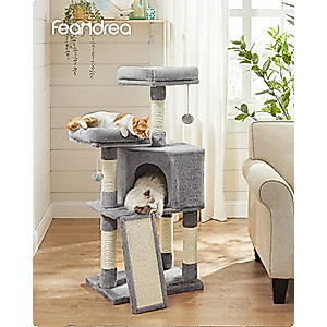 Feandrea Cat Tower, Cat Tree for Indoor Cats, 45.3-Inch Cat Condo with Scratching Post, Ramp, Perch, Spacious Cat Cave, for Kittens, Elderly Cats, Adult Cats, Small Space, Light Gray UPCT141W01