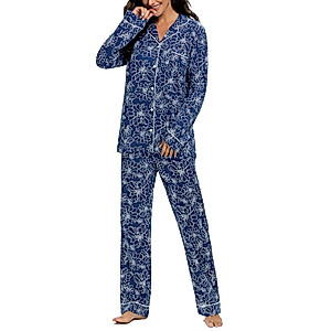 Tugege Pajamas Set Long Sleeve Sleepwear Womens Button Down Nightwear Pj Sets (Deep Blue Peony, XX-Large)