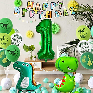 Dinosaur First Birthday Decorations, Large Dinosaur Foil Balloons, Happy Birthday Banner, Number 1 Balloon, Dinosaur Printed Balloons for Girl Boy 1st Birthday Party Decorations Baby Shower Supplies