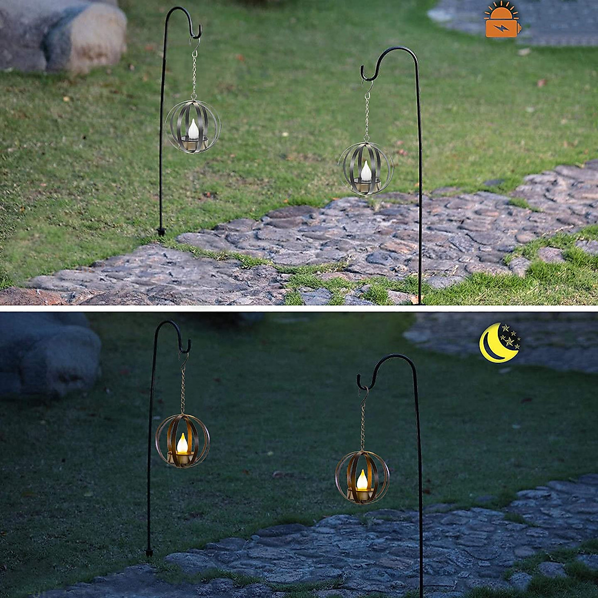Hanging Solar Lights Outdoor - 2 Pack Small Metal Hanging Tree Lanterns with Retro Design for Patio, Yard, Pathway and Garden Candle Lanterns Retro Lights Decoration