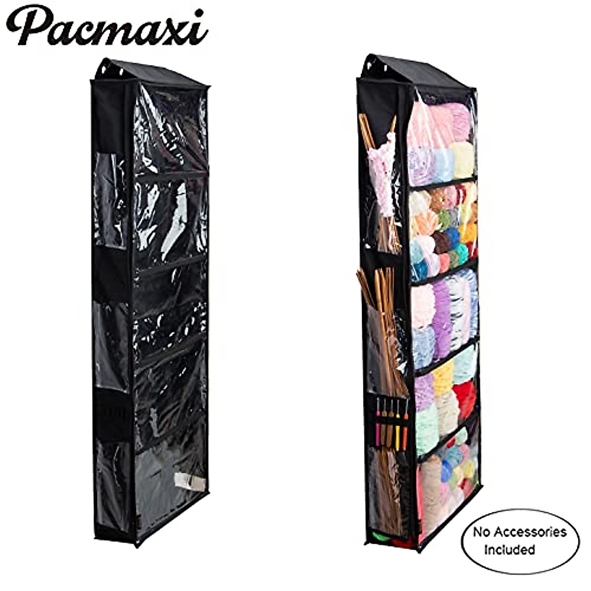 5 Compartments Hanging Yarn Knitting Storage Organizer with Zipper Closure, Yarn Over Door Display Holder with 6 Clear Pockets On Side for Knitting Needles, Crochet Hooks (L Size, Black)