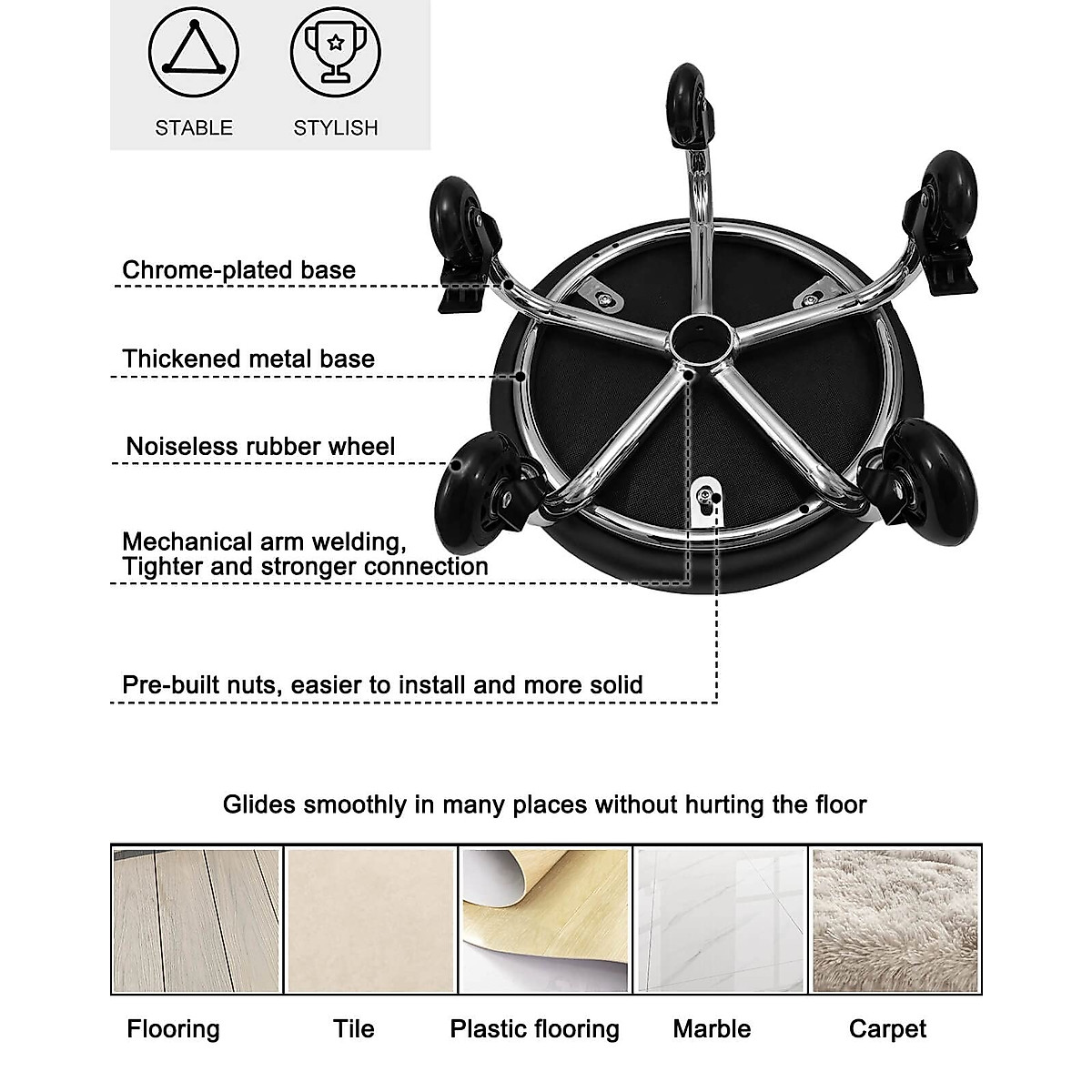 Rolling Stool with Backrest VAPAA TAIDE 450 Lbs High Weight Capacity PU Leather Roller Seat and Heavy-Duty Crystal Universal Wheels for Men Women Boy Girl Furniture Gift, Home Office Black